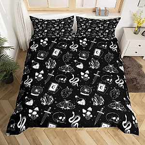 Gothic Skull Bedding Set King Size for Woman Men,Skull Skeleton Hippie Mushroom Plant Comforter Cover with 2 Pillowcases,Moth Stars Shiny Galaxy Halloween Duvet Cover Set Microfiber Quilt Cover