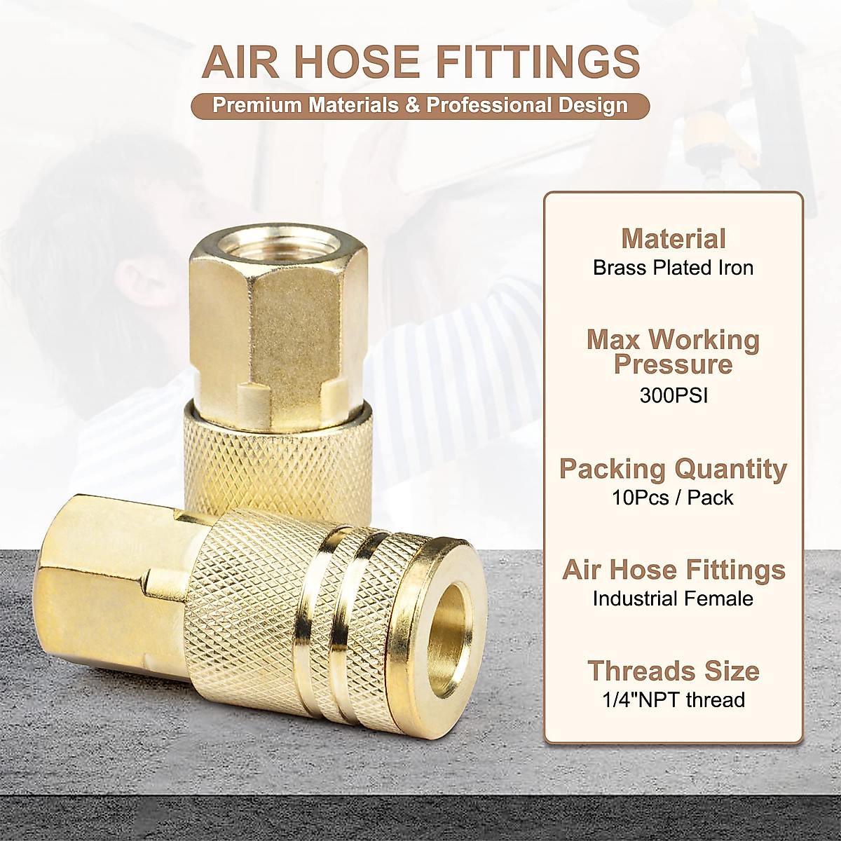 Toolsland 10 Pack Female Air Coupler, 1/4-Inch NPT Thread Quick Connect Air Tool Fittings, Industrial M Style Coupler with Brass Finish for Quickly and Safely Disconnect Air Hose