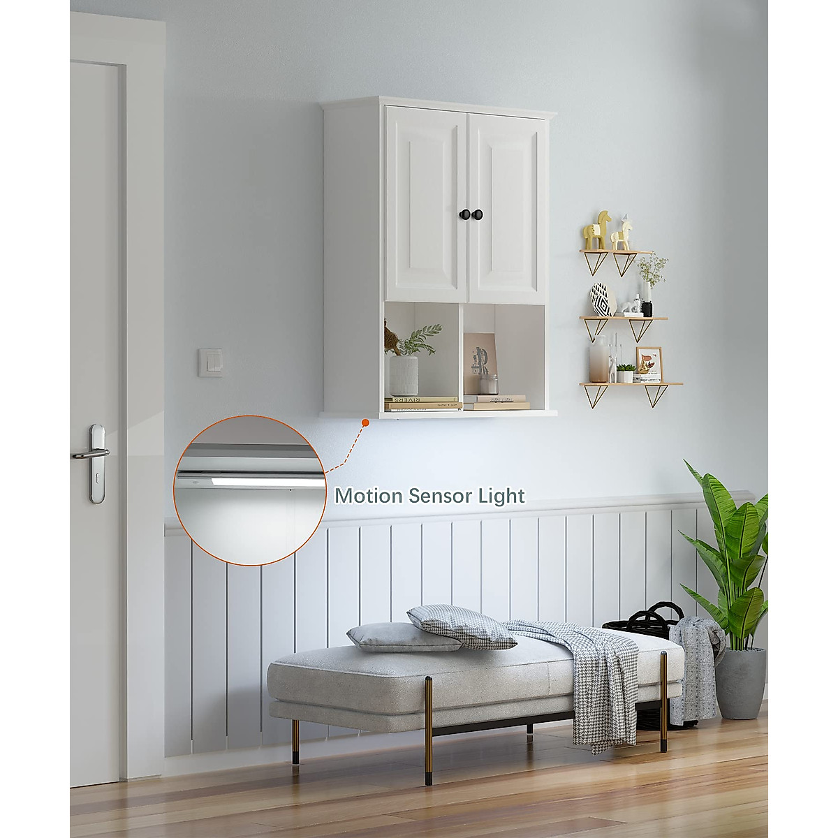 HAIOOU Bathroom Wall Cabinet with Motion Sensor LED Light, Wooden Medicine Cabinet Wall Mounted Cupboard, Over Toilet Storage Cabinet with Buffering Hinges and Adjustable Shelf - Modern White