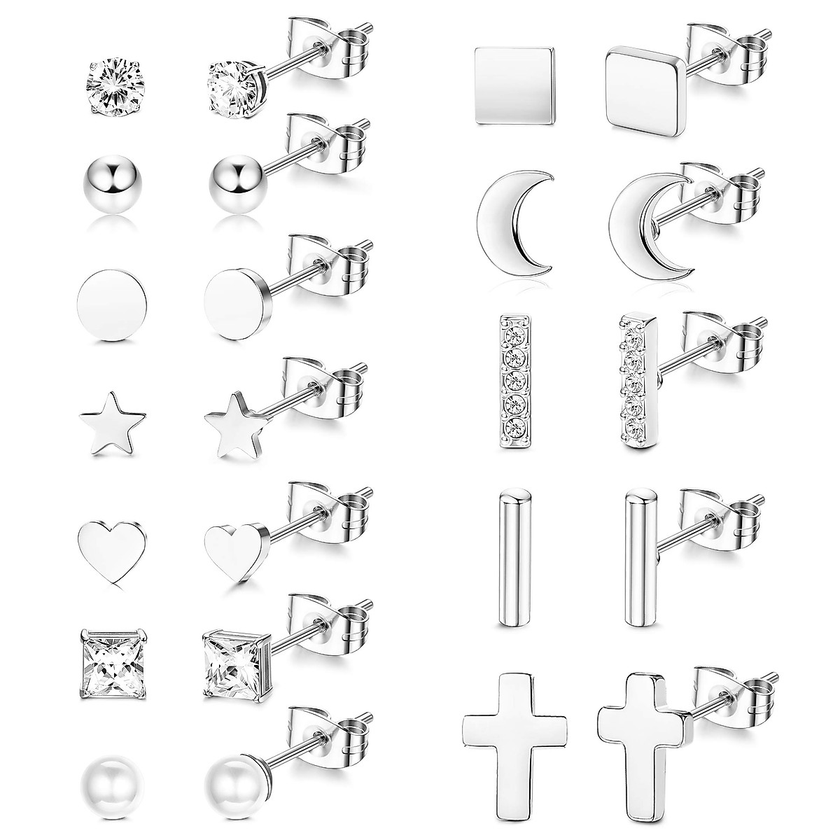 LOYALLOOK 12Pairs Stainless Steel Stud Earrings for Women Men Heart Star Moon CZ Cute Tiny Cartilage Minimalist Geometric Stud Earrings Hypoallergenic Stud Earrings Set for Multiple Piercing