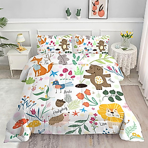 EDGZKO Comforter Set Cartoon Animals: Twin Size Cute Bedding Set for Kids Teen Girls Toddler Boys Kawaii Fox Bear Lion Flowers Soft Quilt Duvet Bed Sets 1 Comforter & 1 Pillow Case