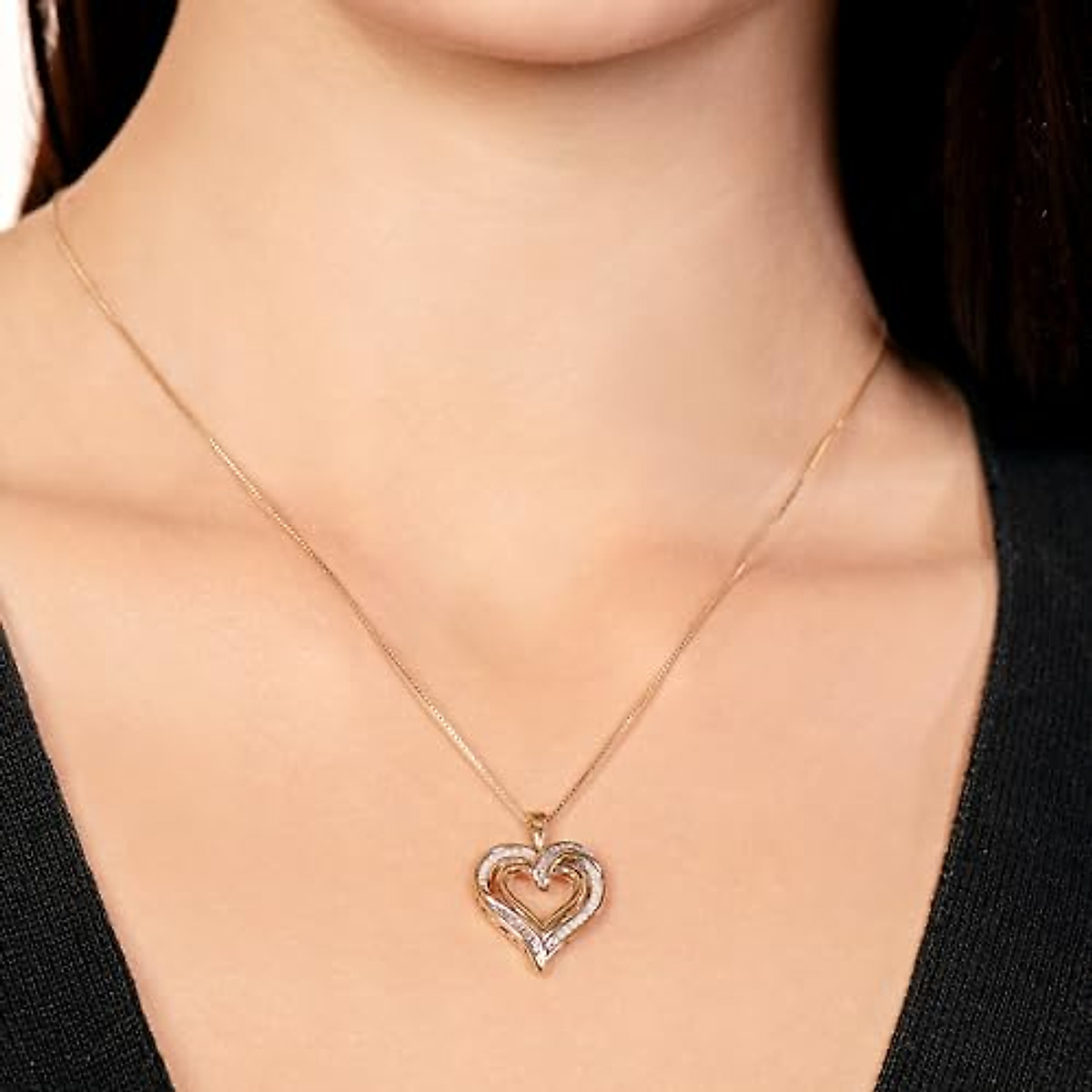 Jewelili Womens Heart Yellow Gold Over Sterling Silver Necklace with Natural White Round and Baguette Diamonds 1/4 Cttw 18" Box Chain