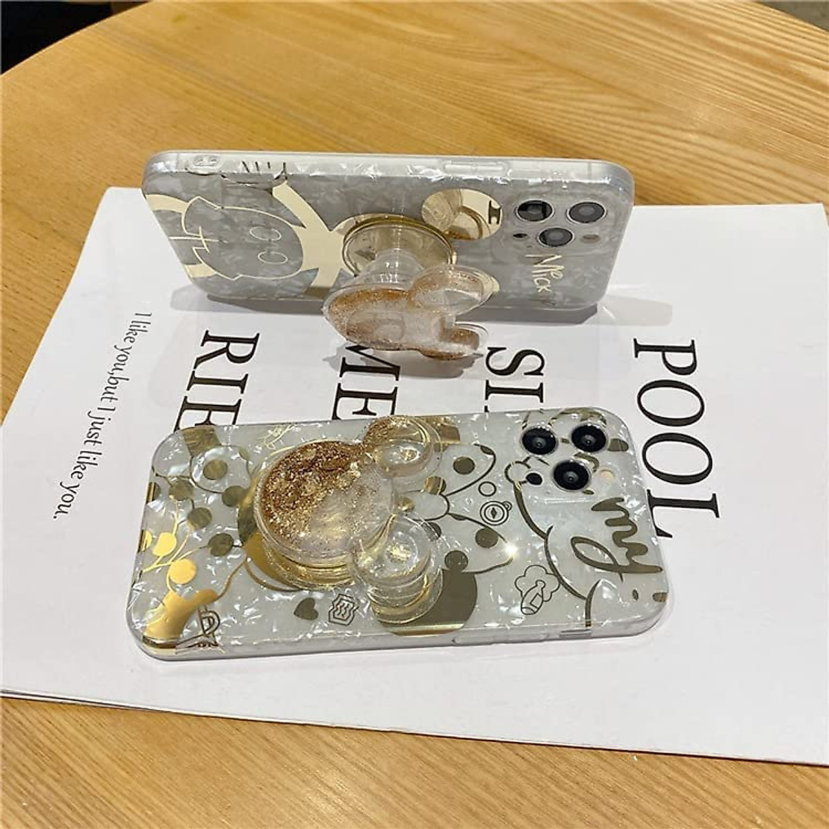 DEAVON Cute Case for iPhone 13 Pro Max,Cute Golden Minnie Sparkle Bling Cover with Quicksand Cell Phone Holder,Kickstand Soft TPU Shockproof Protective for Women Girls