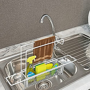 LIFOND Kitchen Sink Caddy Telescopic Sink Storage Rack Expandable Carbon Steel Sink Caddy Organizer with Towel Bar Under Sink Organiser Adjustable Sponge Holder Brush Soap Drainer Rack,White