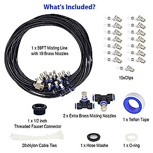 YuYo Misting System, Misters for Outside Patio, 59FT Misting Line +19 Brass Mist Nozzles + 3/4" Brass Adapter Outdoor Misters System for Patio Greenhouse Garden Gazebo Poolside Umbrella Trampoline