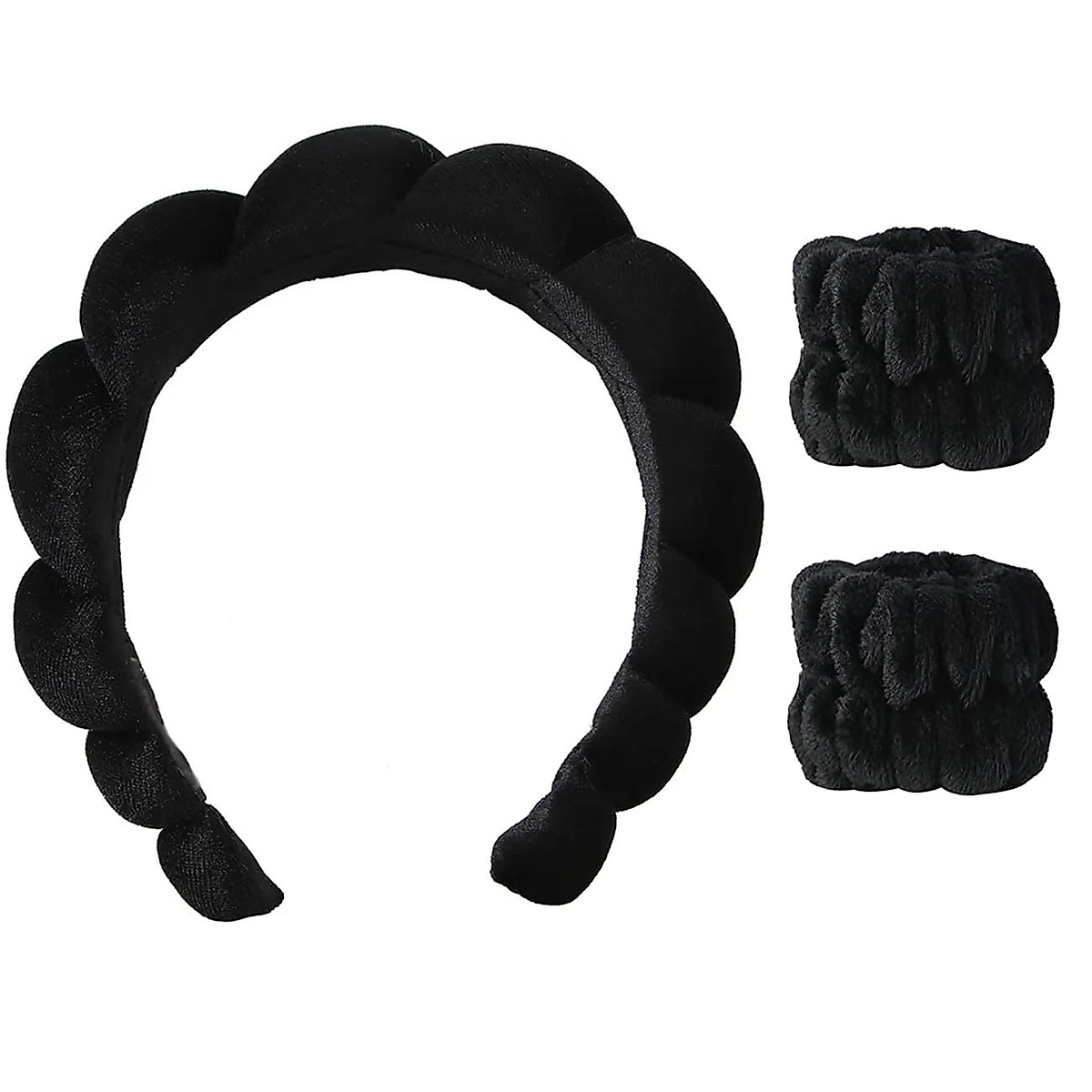 1Spa Headband and 2 Wristbands Set for Women Girls -Sponge & Terry Cloth Fabric Headband for Washing Face, Skincare,Makeup, Shower, Hair Accessories- Wrist Washband Prevent Liquid from Spilling(Black)