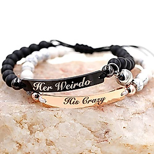 Uloveido His Crazy Her Weirdo Couple Bracelets Stainless Steel ID and Natural Beads Handmade Braided Rope Bracelet Set for Men Women Adjustable (His Crazy Her Weirdo)