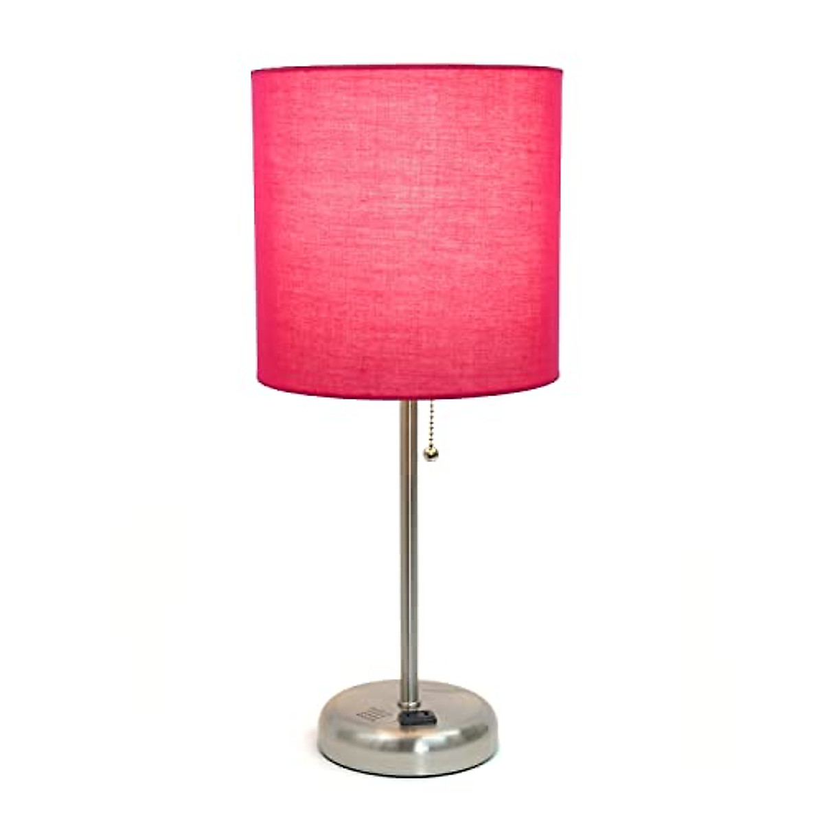 Simple Designs LT2024-PNK Brushed Steel Stick Table Desk Lamp with Charging Outlet and Drum Fabric Shade, Pink Shade