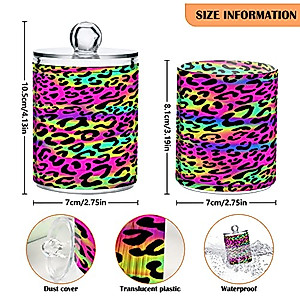 ALAZA Rainbow Leopard Print 4 Pack Qtip Holder Dispenser with Lid 14 Oz Clear Plastic Apothecary Jar Containers Jars Bathroom for Cotton Swab, Ball, Pads, Floss, Vanity Makeup Organizer