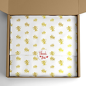 MR FIVE 30 Sheets White with Metallic Gold Bee Tissue Paper Bulk,20" x 28",Gold Bee Design Tissue Paper for Gift Bags,Gold Gift Wrapping Tissue Paper for Bee Party