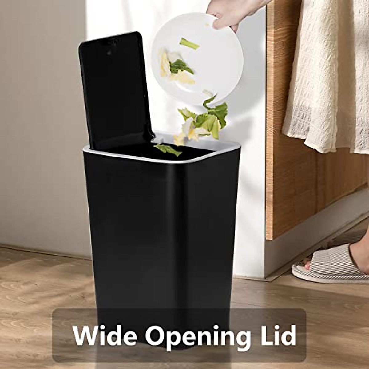 Fasmov Trash Can, 2 Pack 15 Liter / 4 Gallon Plastic Garbage Container Bin with Press Top Lid, Waste Basket for Kitchen, Bathroom, Living Room, Office, Narrow Place (Gray + Black)