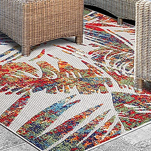 SUPERIOR Indoor/Outdoor Area Rug for Patio, Beach House, Garden, Terrace, Veranda, Kitchen, Laundry/Living Room, Entryway, Playroom, Home, Office, Bohemian Botanical Leaves Modern, 5'2"x7'2", Cream