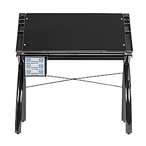 Futura Crafting, Drafting, Drawing Table with Adjustable Top, Black and Black Glass