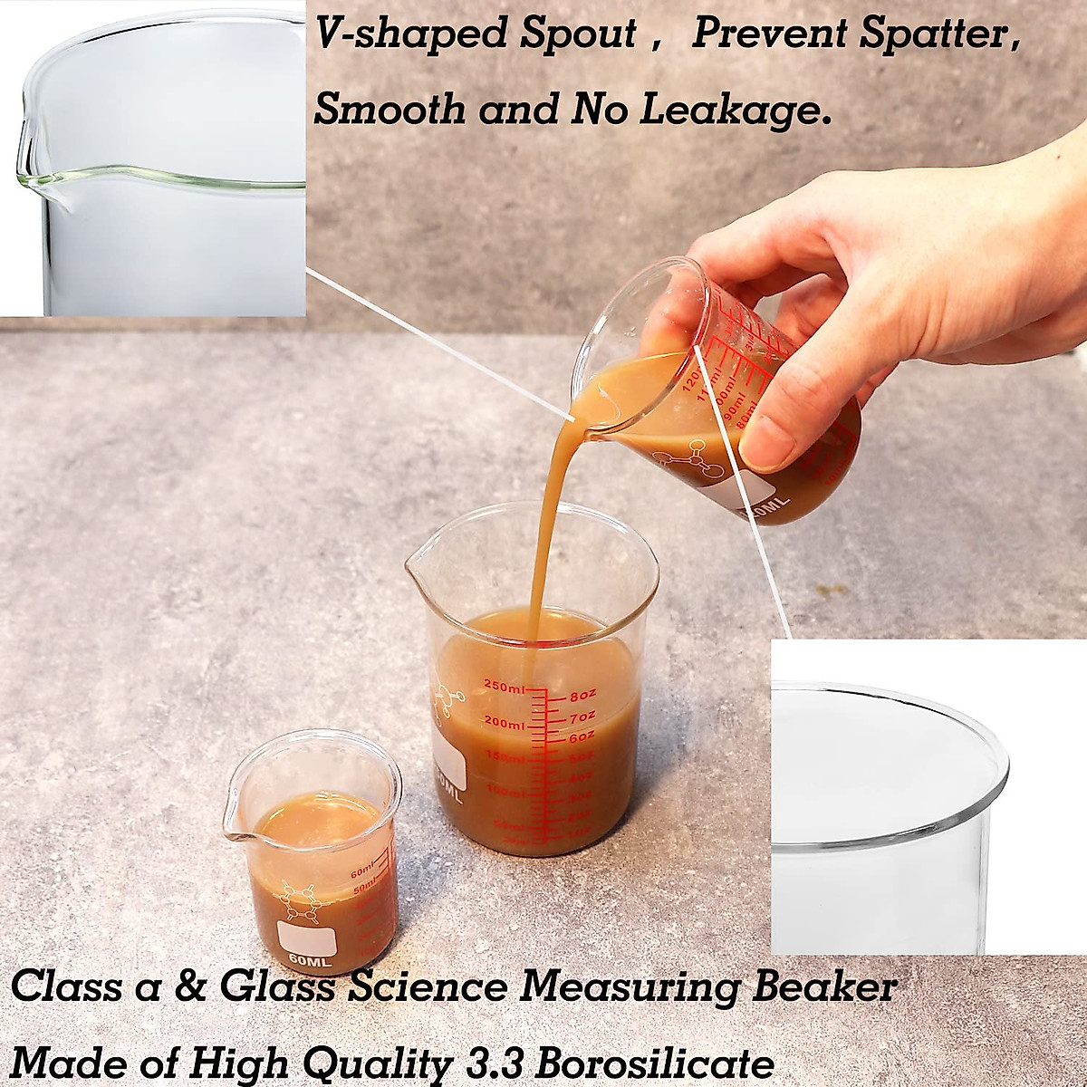 High Borosilicate Glass Measuring Cup Set-V-Shaped Spout，Includes 60ml(2OZ), 120ml(4OZ), and 250ml(8OZ) Glass Measuring Beaker for Kitchen or Restaurant, Easy to Read