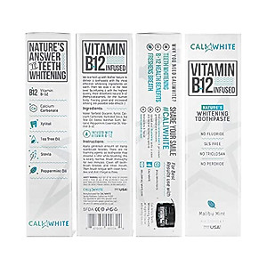 Cali White Vegan Teeth Whitening Toothpaste (2-Pack) with Vitamin B12, Organic Mint, Fluoride-Free Toothpaste, SLS Free, Gluten-Free, Xylitol, Natural Toothpaste