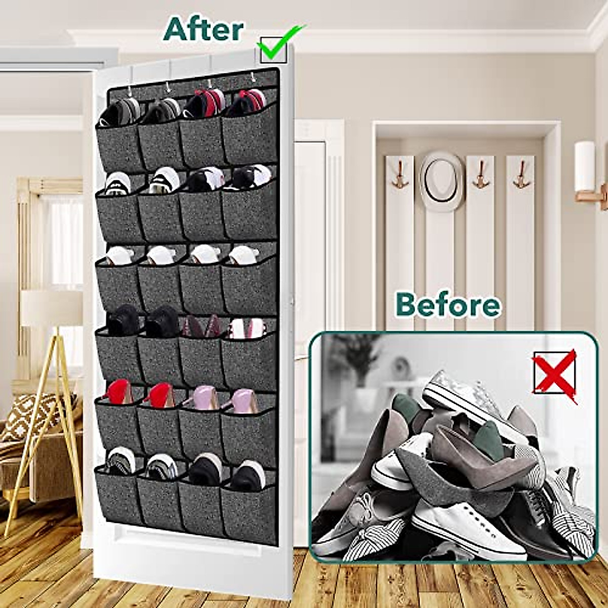 Meerainy Over the Door Shoe Organizer,Large 24 Pockets Hanging Shoe Rack with Sturdy Hooks,Space Saving Shoes Storage Hangs on Closets Pantry for Shoes, Sneakers High Heeled Shoes 24.8''*68.9''