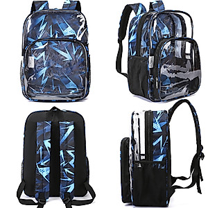 BLUEFAIRY Clear Backpack for School Stadium Approved Large PVC See Through Bag Heavy Duty Bookbag Transparent Plastic Bag for Students Work Events 17" Geometric Blue