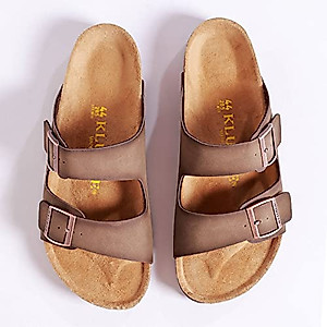 KLUKGE Mens Cork Sandals,Adjustable Buckle Leather Non-Slip Slippers Women's Flat Slide Cork Footbed Sandals Unisex Shoes, Arch Support(Light Brown US 14)