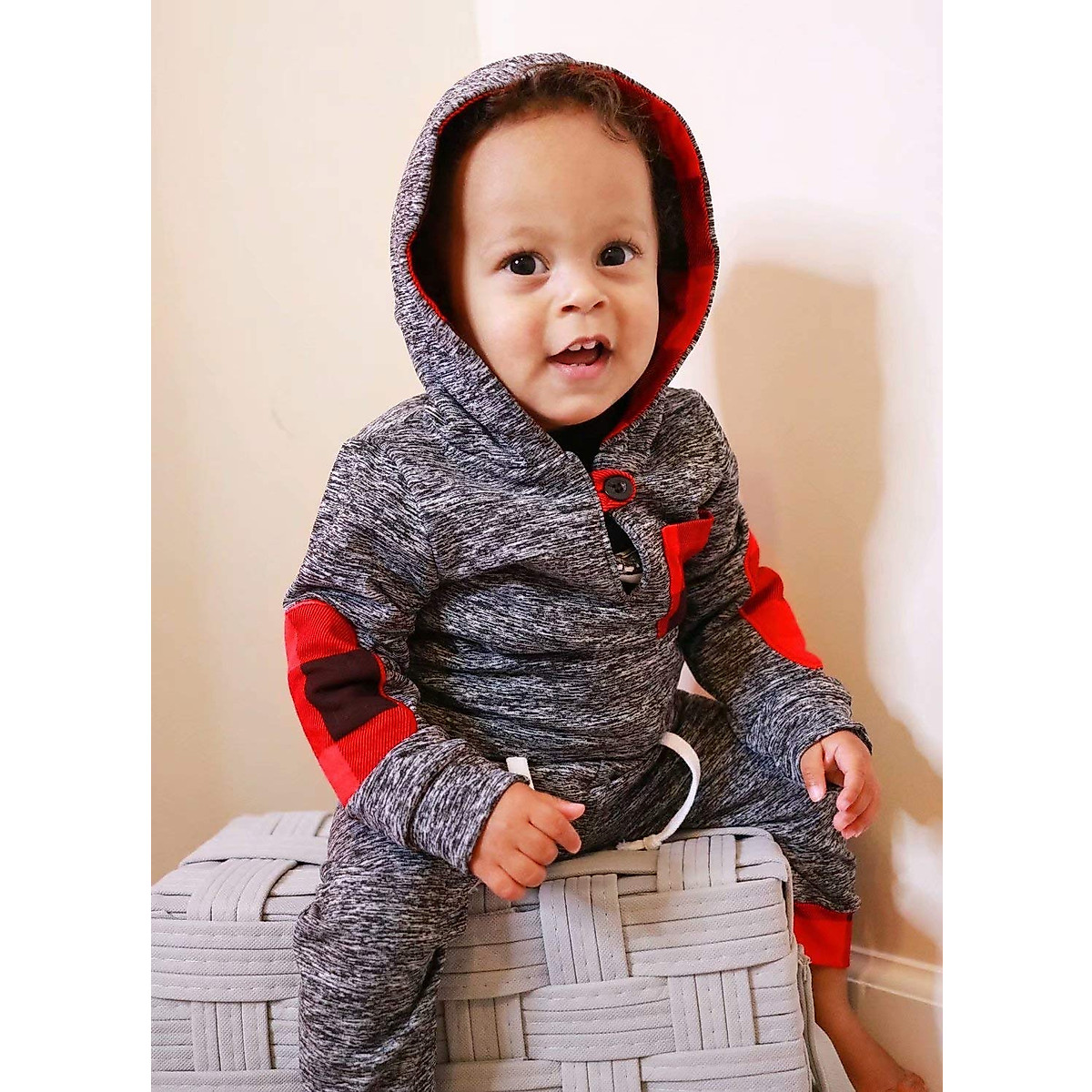 Little Bitty Baby Boy Outfits 3-6 Months Toddler Baby Boy Clothes Clothing Plaid Pocket Hoodie Sweatshirt+Pants Fall Winter Outfits Set, Red Plaid Outfit 3-6m/70cm