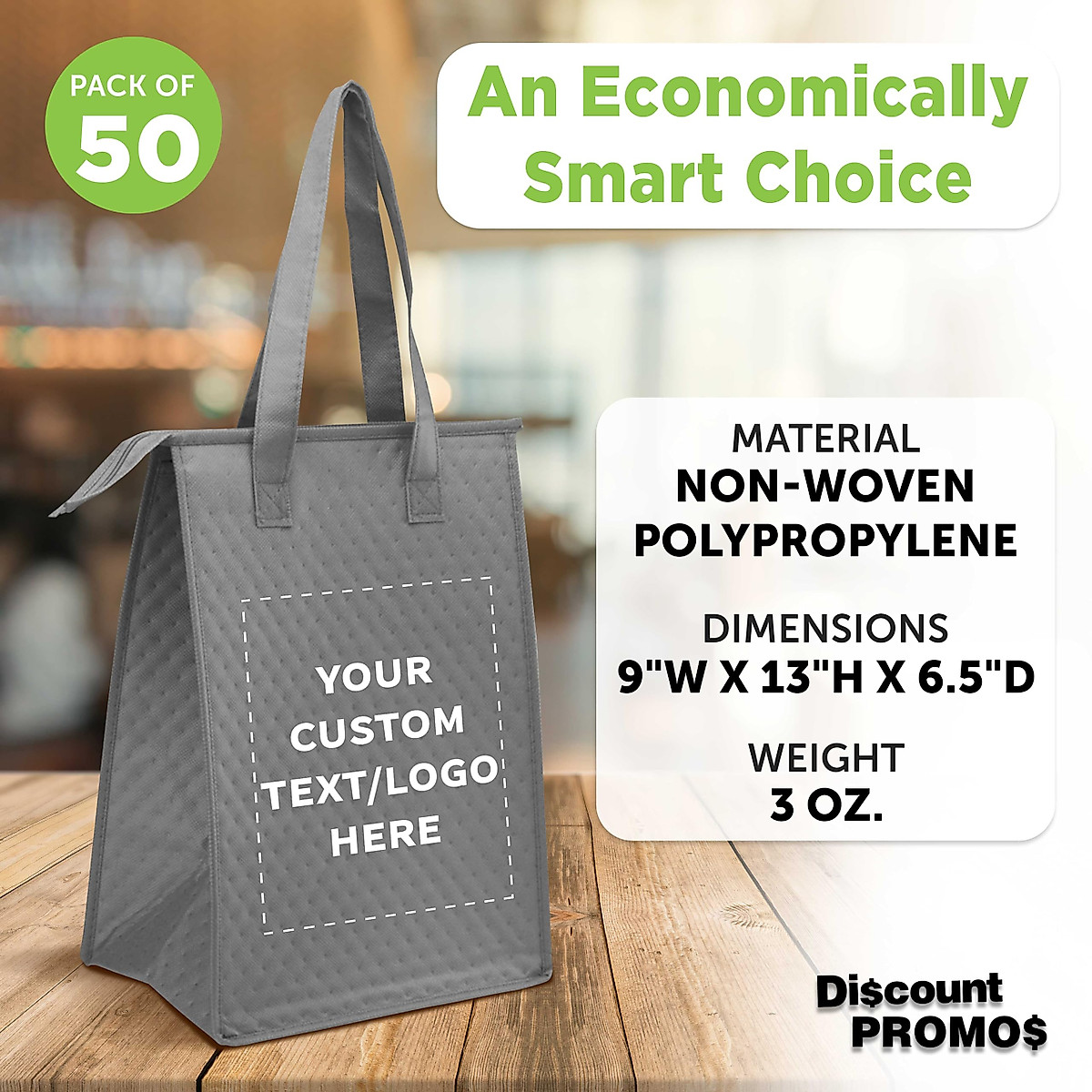 Discount Promos Custom Zipper Insulated Lunch Tote Bags Set of 50, Grey, Unisex