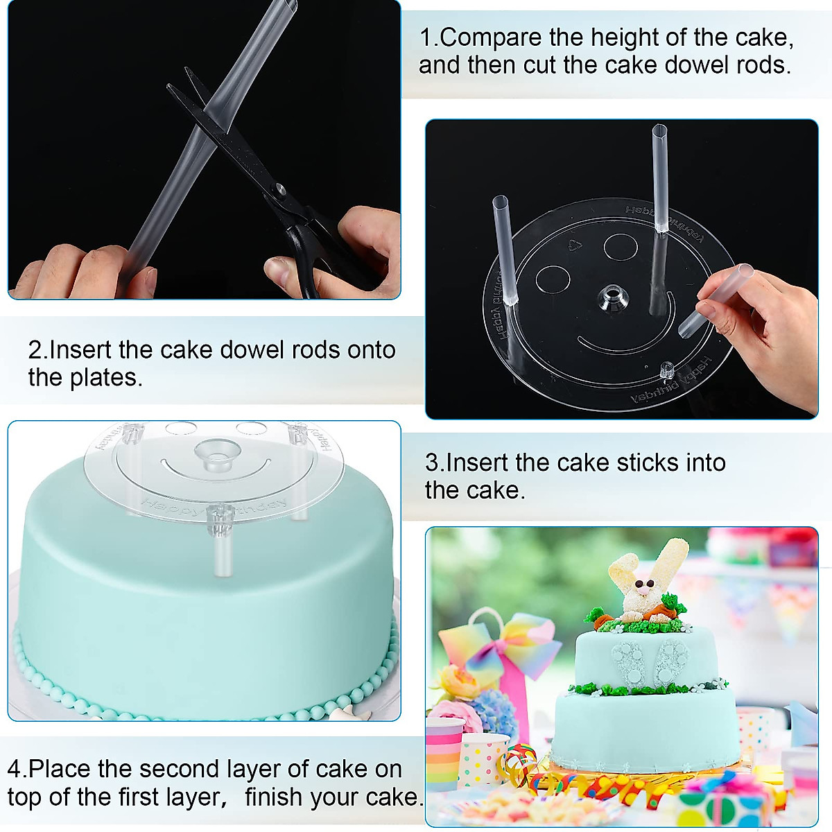 40 Pieces Plastic Cake Dowel Rods Set 20 White Cake Sticks Support Rods, 5 Cake Separator Plates for 4, 6, 8, 10, 12 Inch Cakes, 15 Clear Cake Stacking Dowels for Tiered Cakes (Clear Plates)