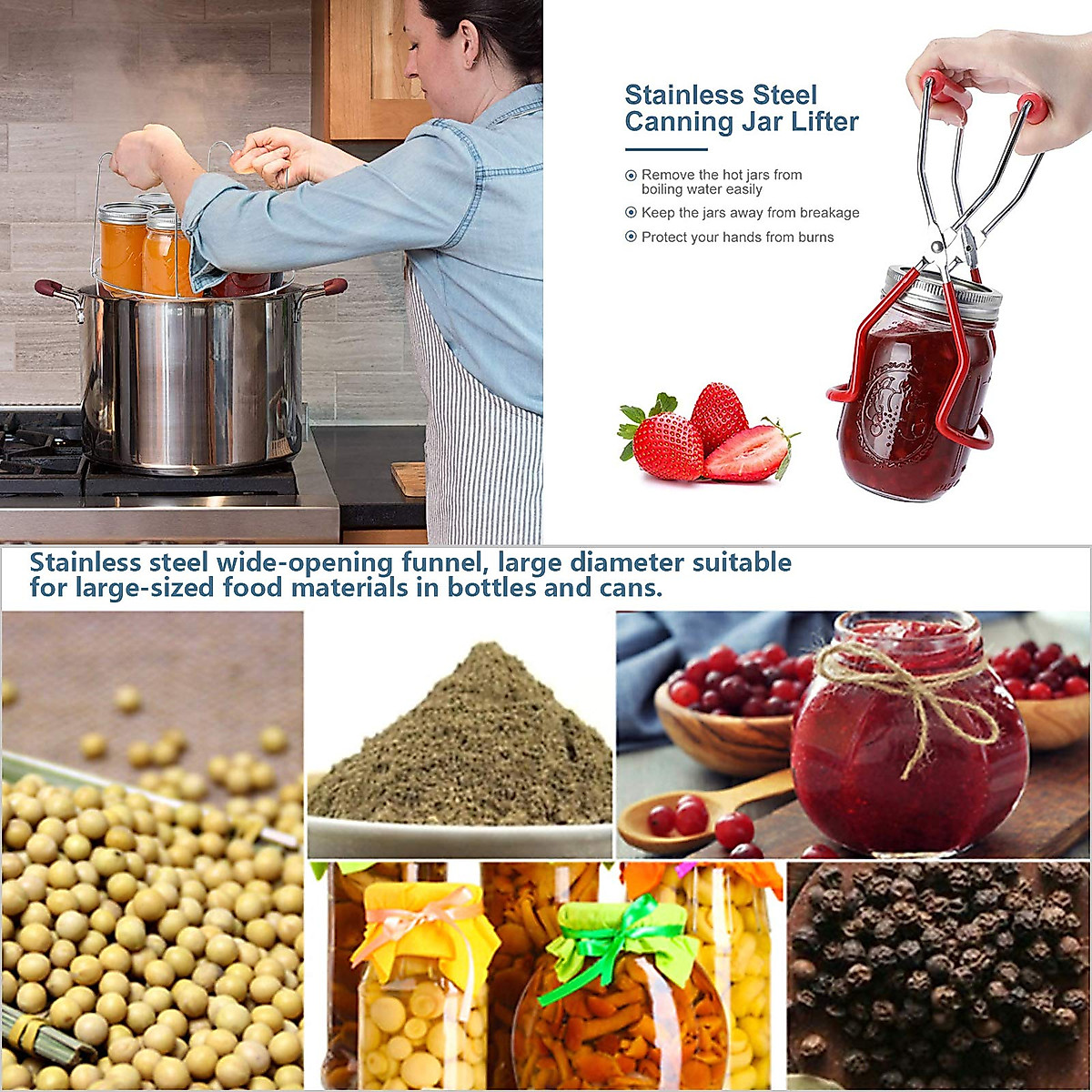 Kalolary Canning Rack, 3PCS Canning Kit Jar Tongs Stainless Steel Canning Funnel Jar Lifter Canning Rack with Silicone Handle Heat-resistant Kitchen Canning Supplies(Jars Not Included)