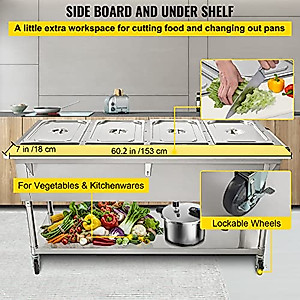 VEVOR Commercial Electric Food Warmer, 4-Pot Steam Table Food Warmer 0-100℃ w/ 2 Lockable Wheels, Professional Stainless Steel Material for Catering and Restaurants