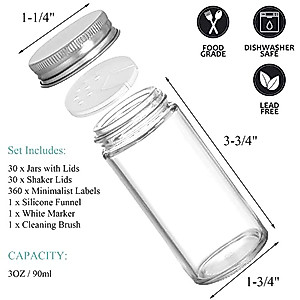 Tebery 30 Pack Round Spice Bottles Jars with Silver Lids, 3oz Empty Glass Spice Containers Shakers Complete Organizer Set Includes Shaker Lids, Wide Funnel, 360 Labels, White Maker and Cleaning Brush