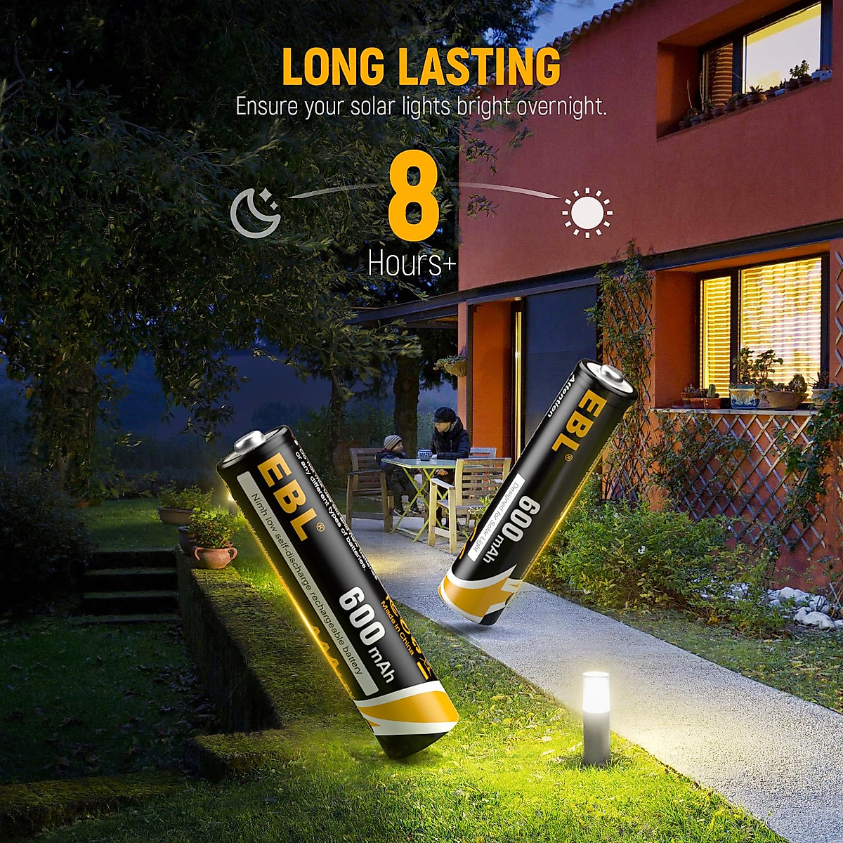 EBL Rechargeable AAA Batteries AAA Solar Battery for Outdoor Solar Lights Garden Light Replacement 1.2V 600mAh Battery AAA Size - 20 Packs