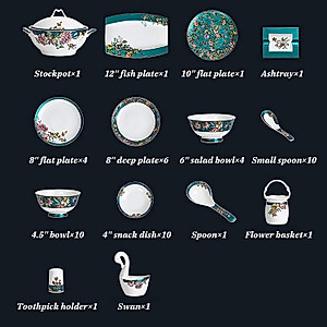 Porcelain Plate and Bowl Set,Dinnerware Set for Home or Special Restaurant, Ceramics Dinner Set, 52 Pieces Porcelain Dinnerware Sets | Bone China Soup Pot and Enamel Cereals Bowls - High-end Wedding