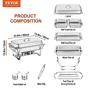 VEVOR Chafing Dish Buffet Set, 2 Pack 8 Qt, Stainless Chafer w/ 2 Full & 4 Half Size Pans, Rectangle Catering Warmer Server w/ Lid Water Pan Folding Stand Fuel Tray Holder Clip, at Least 8 People Each