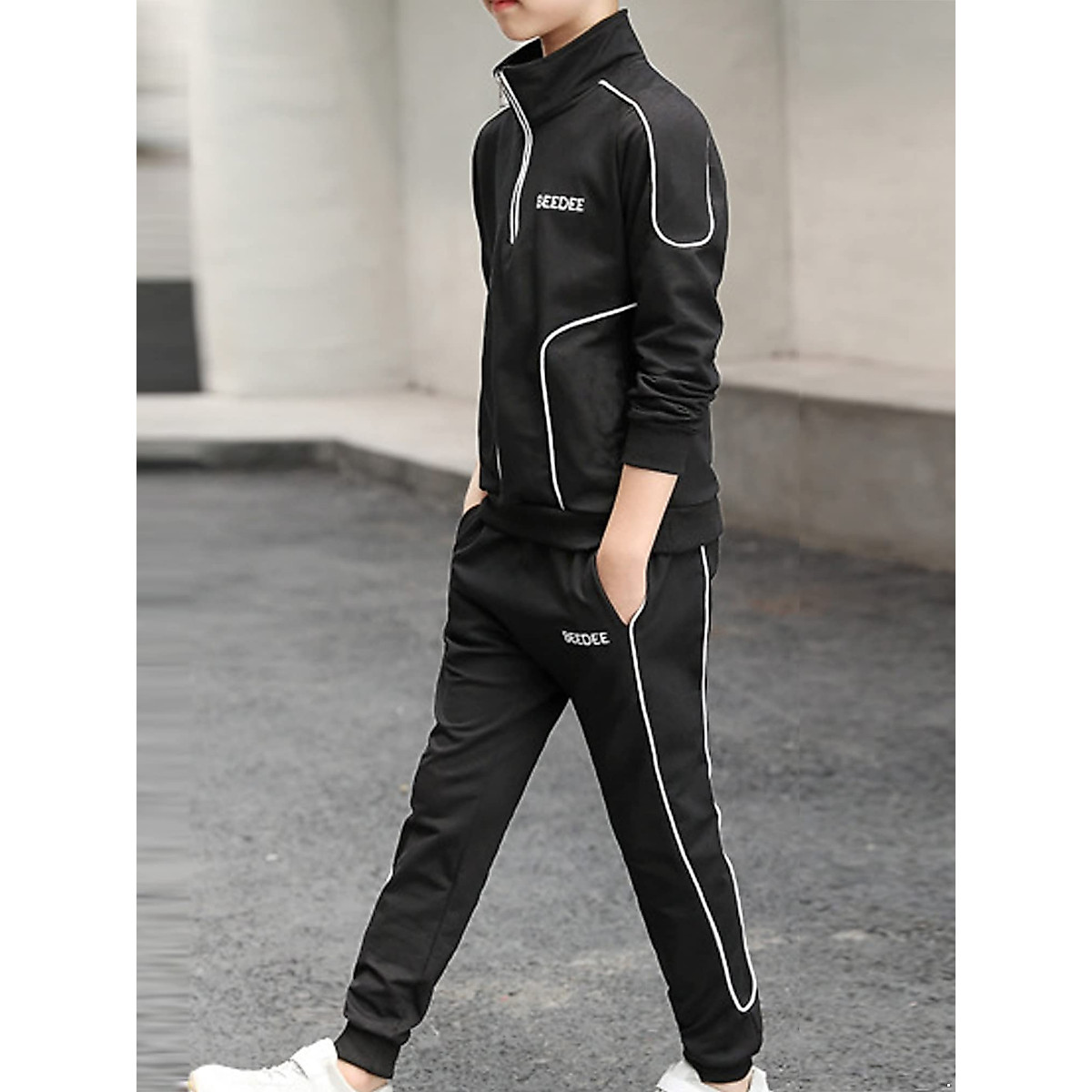 Jugaoge Kids Boys Two Pieces Tracksuits Sweat Suit Long Sleeve Pullover Sweatshirt Sweatpants Activewear Set Black 7-8 Years