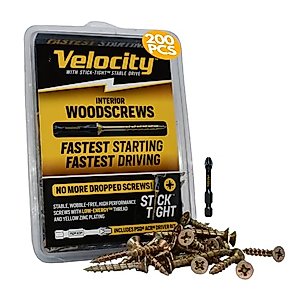 Velocity Interior 1 1/2 Inch Wood Screws DIY Pack (Size #6, 200 Pcs) – Zinc and Yellow Coating, Stick-Tight Technology, Screw for Wood Working with PSD ACR Driver Bit