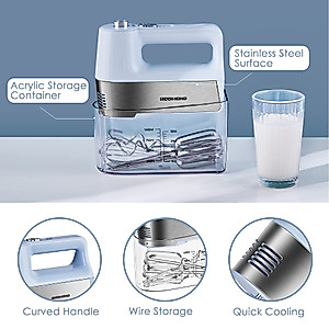 REDMOND Electric Hand Mixer, 5-Speed Hand Mixer with Measuring Storage Case, Kitchen Handheld Mixer Includes Dough Hooks, Whisk and Beaters for Cream, Cake, Cookies, Eggs 250W Hand Mixer with Measuring Box, HM018 Yellow