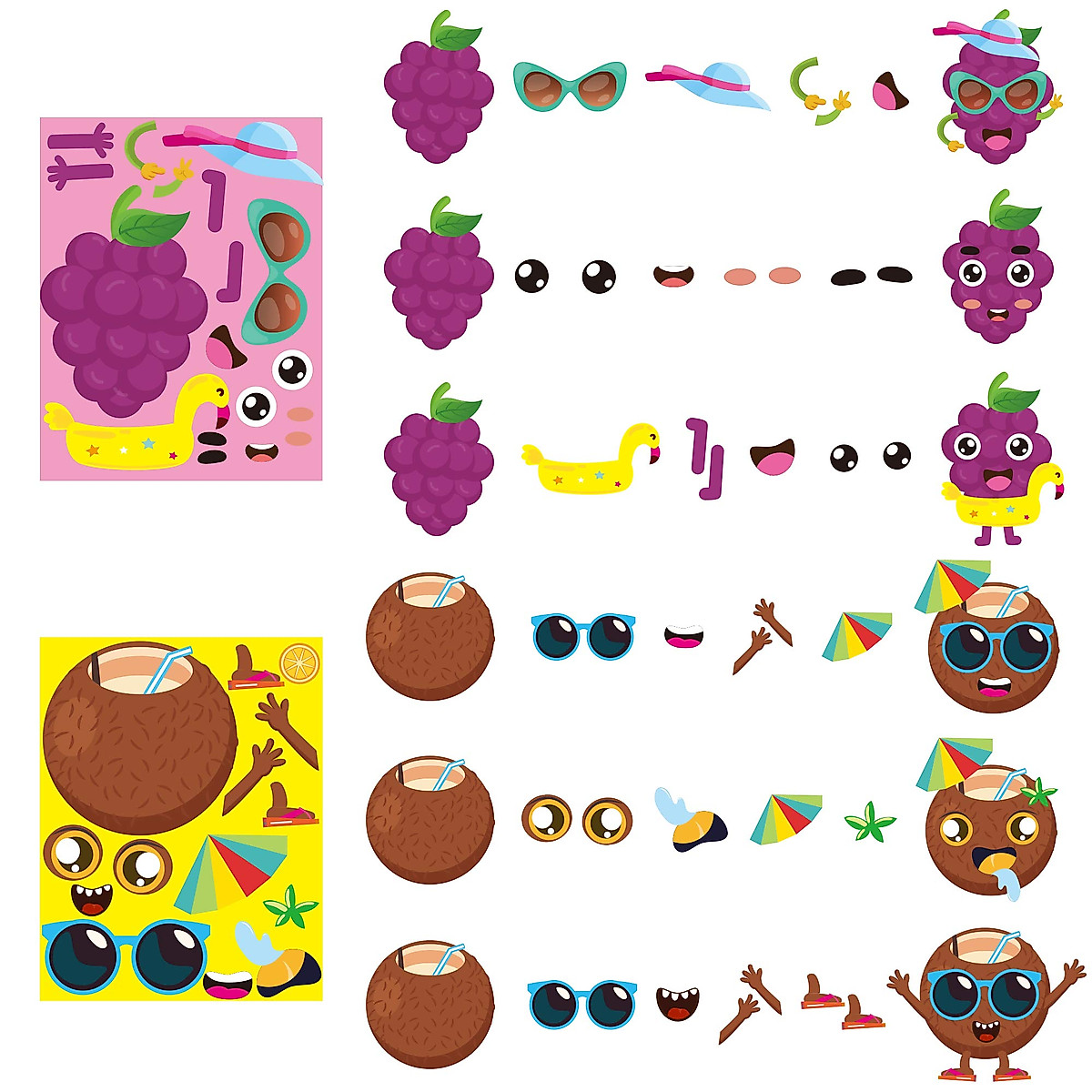 MALLMALL6 40Pcs Make Your Own Fruit Stickers 10 Kinds Cartoon Fruit Summer Hawaii Theme Characters Sticker DIY Dress Up Art Crafts Mixed and Matched Tutti Frutti Party Favors Games Decorations for Kid