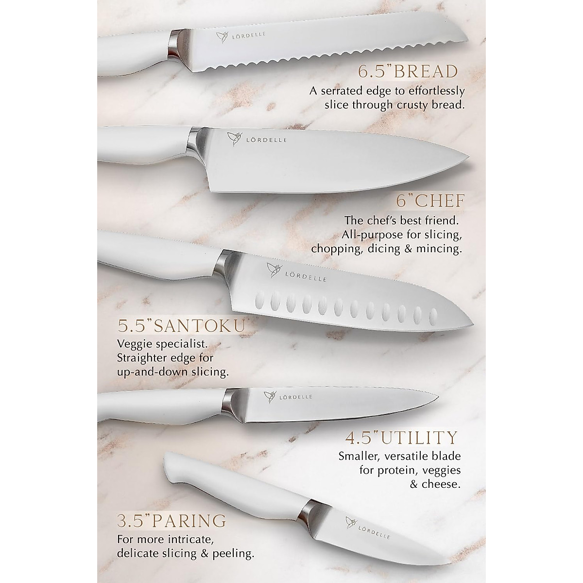 Lordelle Knife Block Set - 5 Piece Set - White Chantilly Snow - Lifestyle Home Kitchen Design - German X50 Stainless Steel - ABS Handle - Ash Wood Block - Cooking Chef Knife, Santoku, Paring, Utility