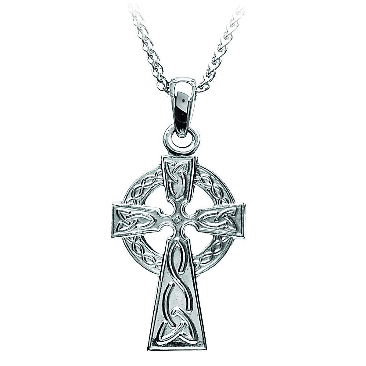 Biddy Murphy Celtic Cross Necklace for Women, 925 Sterling Silver, Small Traditional Irish Crucifix Pendant 1/2" Wide x 3/4" Tall with Rolo Chain, Made in Ireland