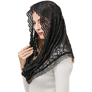 PAMOR Infinity Floral Veils Scarf Chapel Veil Head Covering Wrap Style Latin Mass Lace Mantilla (Black)