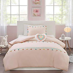 Mi Zone Kids Twin Comforter Set for Girls, Pink Comforter SetTwin Comforter Set, Tessa Adorable Twin Bedding Sets for Girls, Fun Pom Pom Tassel, Sham, Boho Heart Throw Pillow, Twin, Blush 3 Piece