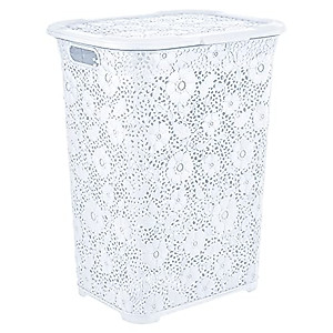 Superio Laundry Hamper with Lid White, 50 Liter Large Lace Hamper Basket, Dirty Cloths Storage with Cutout Handles, for Landry Room, Bedroom, and Bathroom