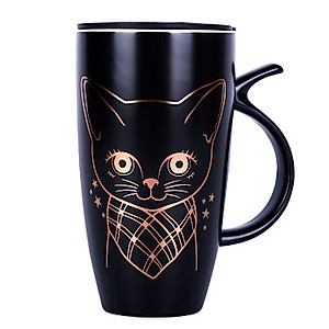 WHJY 20oz Large Black Cute Cat Ceramic Coffee Mug Cup with Splash-proof Lid, Cat Tail Shape Handle, Animal Cat Mug Tumbler (black)