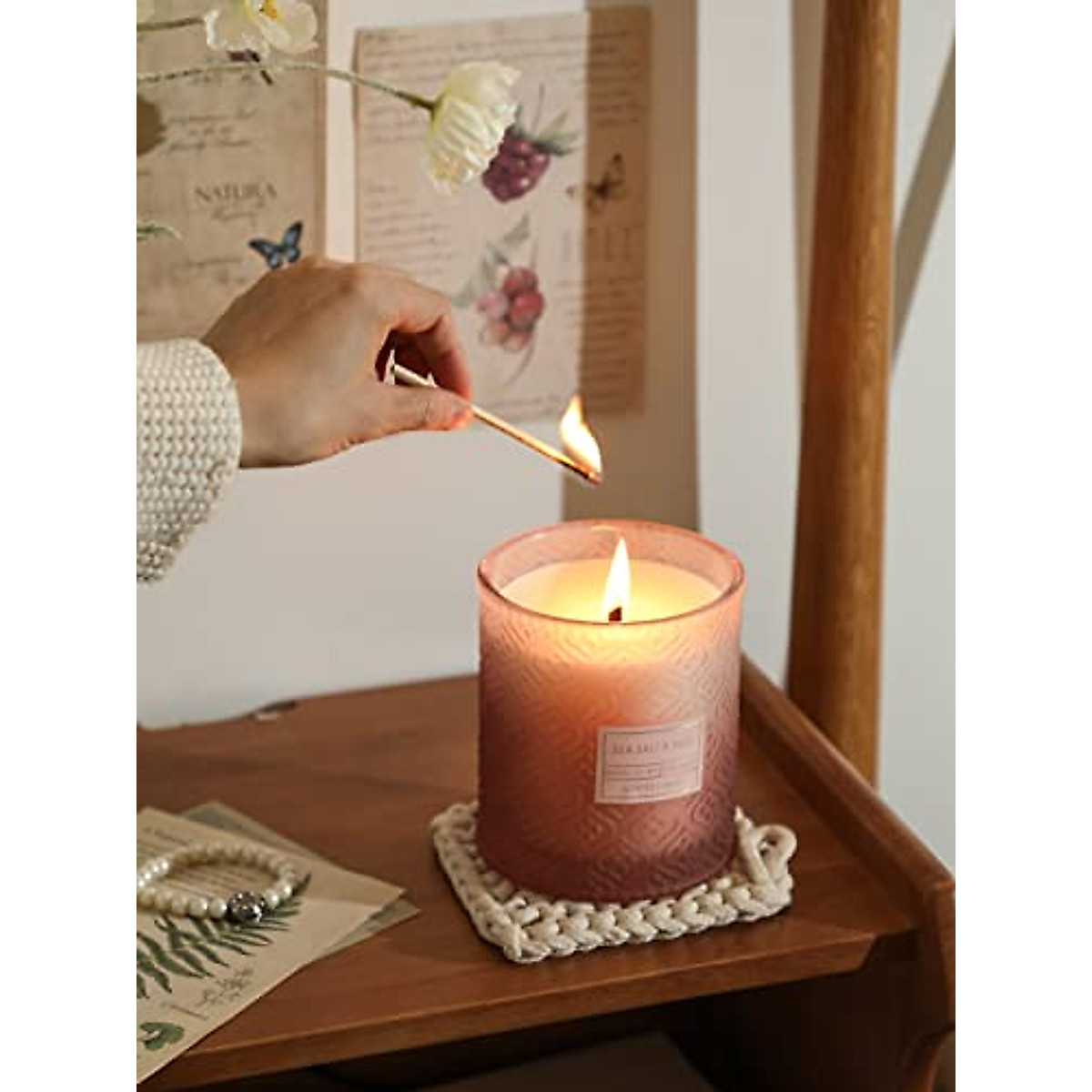 Valentine's Day Sea Salt & Rose Scented Candle Large Jar Candle for Home 19oz Gift Candle for Women Men Wooden Wick