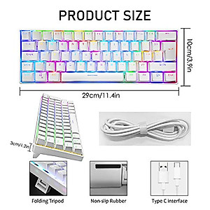 UK Layout 60% True Mechanical Gaming Keyboard Type C Wired 61 Keys LED Backlit USB Waterproof Keyboard 14 Chroma RGB Backlight Full Anti-ghosting Keys for Computer/PC/Laptop/MAC (White/Blue Switch)