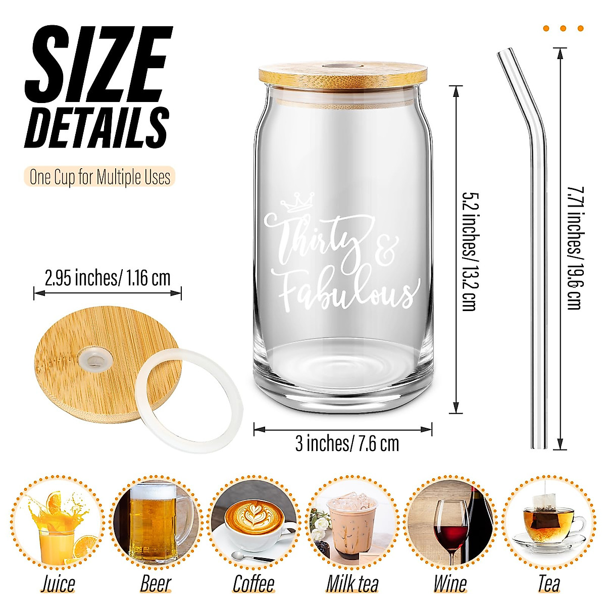 Nuanchu Birthday Glass Cups Gifts with Lid and Straw Not a Day over Fabulous Gifts 16th 21st 30th 40th 50th Birthday Decoration Clear Coffee Glass Cups for Women Coworker Employee Friend (30th)