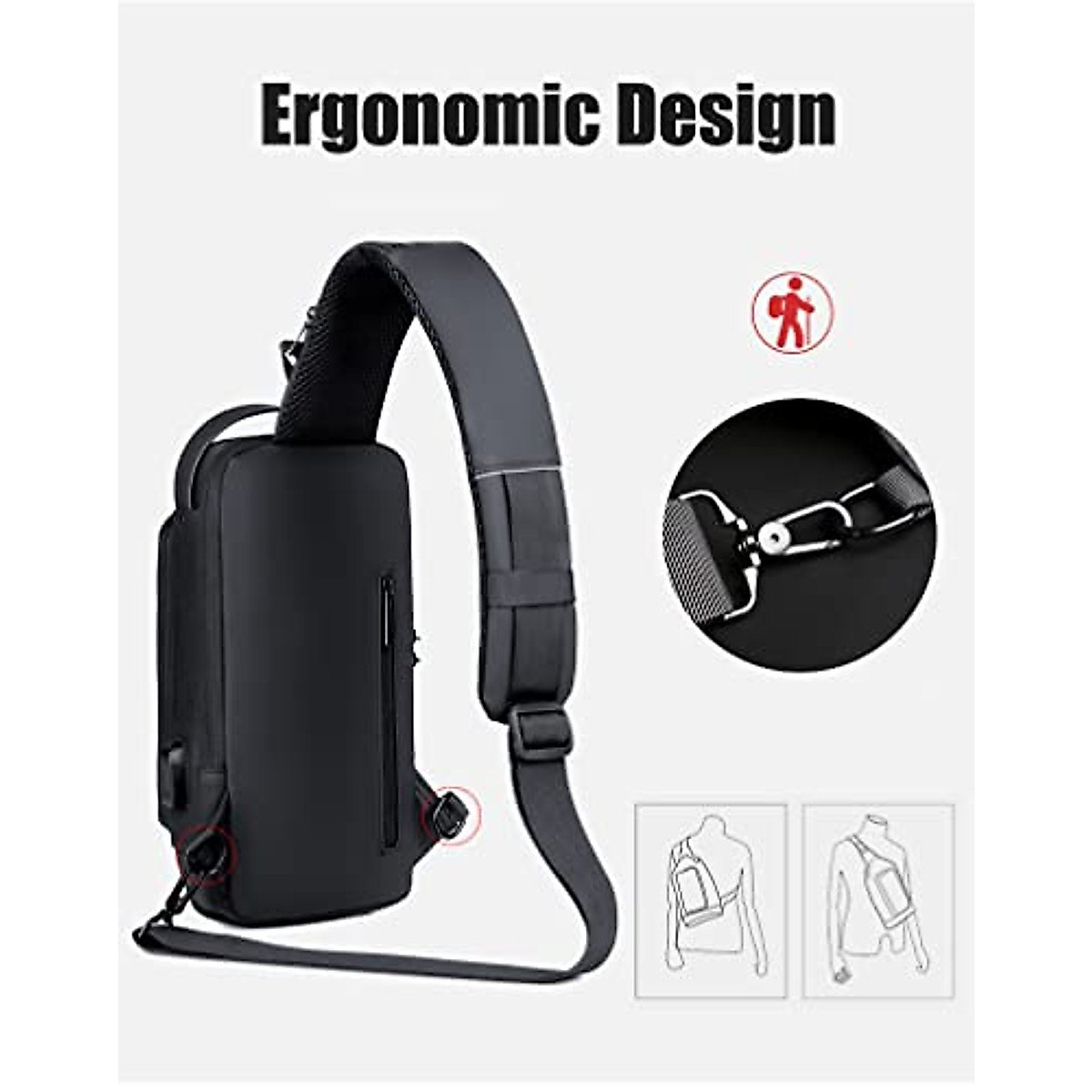 LELEBEAR USB Charging Sport Sling Anti-Theft Shoulder Bag, Sport Crossbody Bags Chest Daypack for Men (Black)