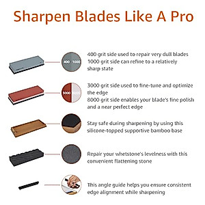 Amazon Basics Whetstone Knife Sharpening Wet Stone Dual Sided 400/1000 and 3000/8000 Grit Stones, Flattening Stone, and Non-Slip 3-PC, Bamboo Base, Black & Grey