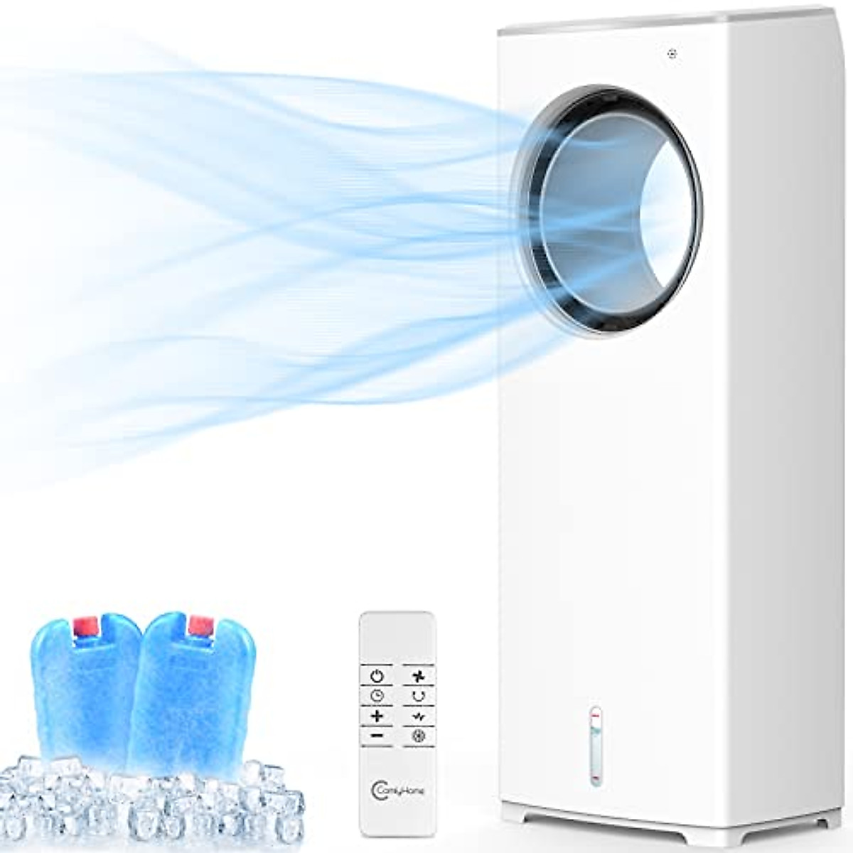 COMFYHOME Bladeless Evaporative Cooler, 3-IN-1 Windowless Portable Air Conditioner, 20ft Remote, 3 Wind Speeds Tower Fan & 8H Timer, 40°Oscillation, 32-INCH Evaporative Air Cooler for Home & Room