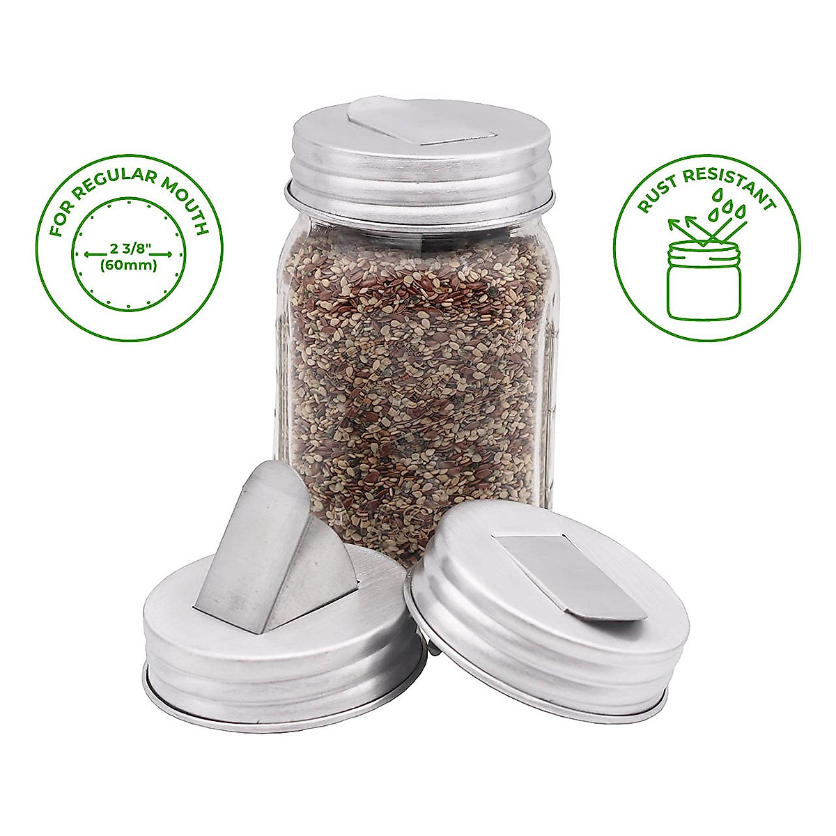 Grain Dispenser Pouring Lids by Mason Jar Lifestyle (2 Pack, Regular Mouth)