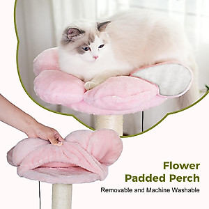 Pawfessor Flower Cat Tree 4 in 1 Cat Scratching Post for Indoor Cats 34" Small Cat Tower for Large Cats, with Full Scratch Posts,15.7”Large Hammock, Removable Perch and Wide Condo for Indoor Cats-Pink