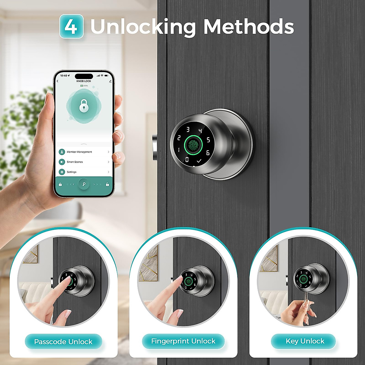 Fingerprint Door Lock - Fingerprint and Keypad Input Smart Door knob, App Controlled Biometric Door Lock, Keyless Entry, Bedroom, Office, Hotel, Apartment Auto Door knob (Satin Nickel)